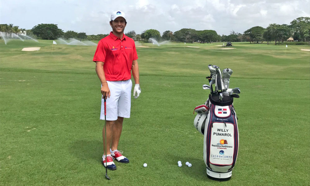 Pro-golfer Willy Pumarol practices his swing on the formidable Teeth of ...